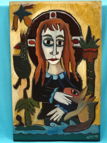 MESMERIZING MODERNIST PRIMITIVISM SIGNED ALEIR '89 CARVED WOOD PANEL ...