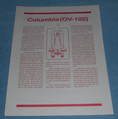 NASA Space Shuttle Columbia OV-102 Info Sheet List of Mission Flights ...