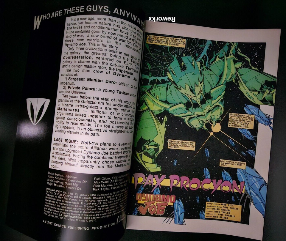 DYNAMO JOE No. 15 - 1First Comics 1986 "Pax Procyon" RAW DOug Rice ...