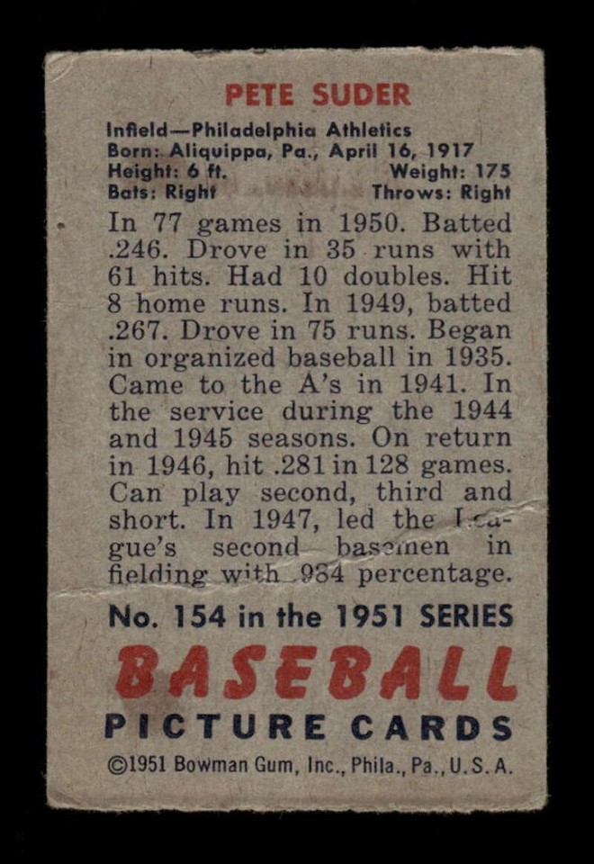 1951 Bowman Baseball 154 Peter Suder fair creases BXCP47 | eBay