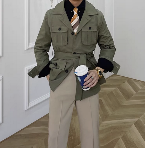 Men reto Safari Jacket Belt Overcoat Britain Jacket Multiple Outwear ...