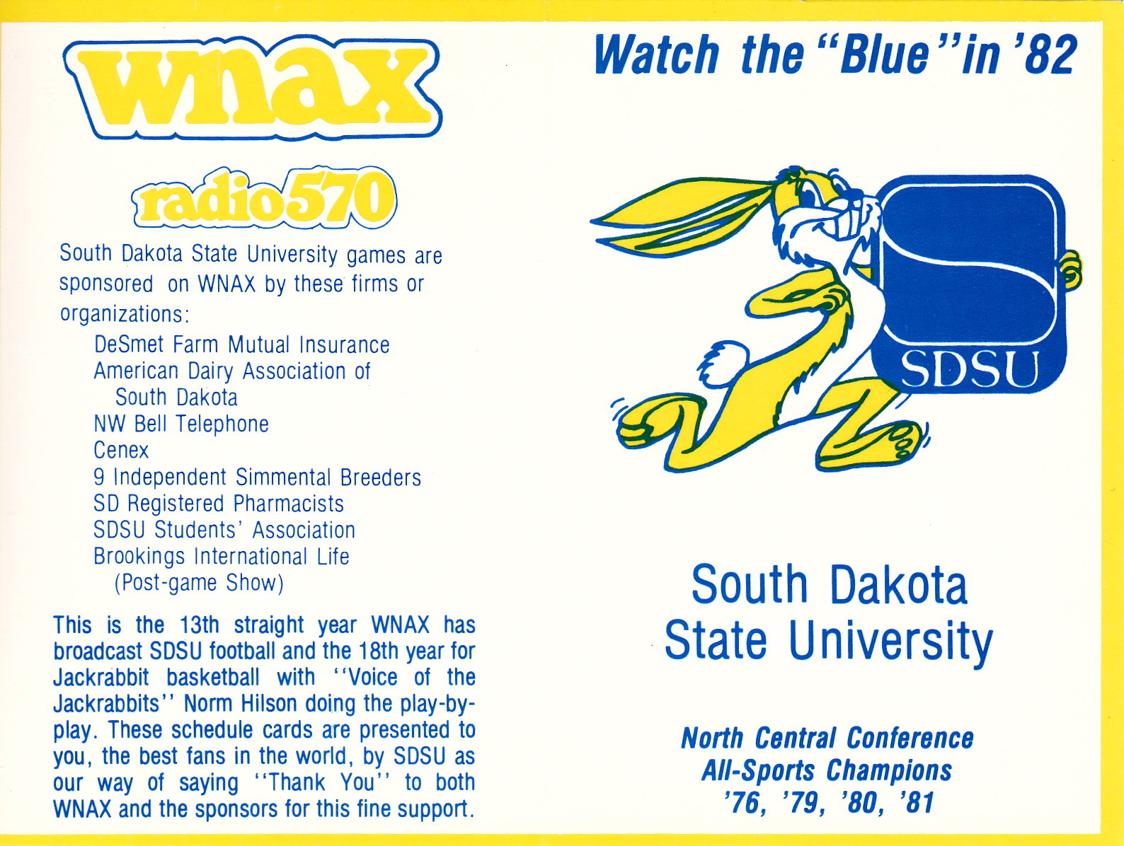 1982 SOUTH DAKOTA STATE UNIVERSITY JACKRABBITS FOOTBALL POCKET SCHEDULE ...