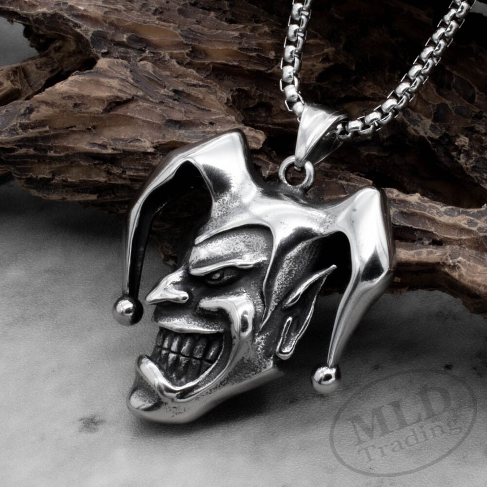 Silver Stainless Steel Evil Clown Jester Joker Pendant Necklace w 22 ...