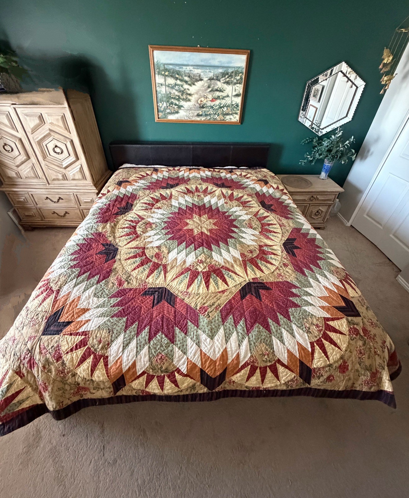 Beautiful Amish Quilt Compass Star – Burgundy & Sage Green 92”x92 ...