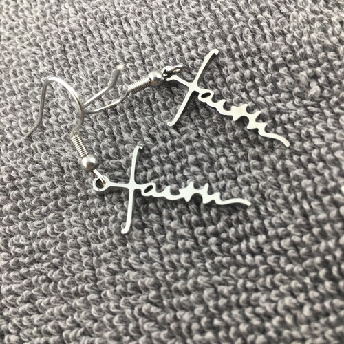 Stainless steel Faith in script 1" dangle hook style pierced earrings ...
