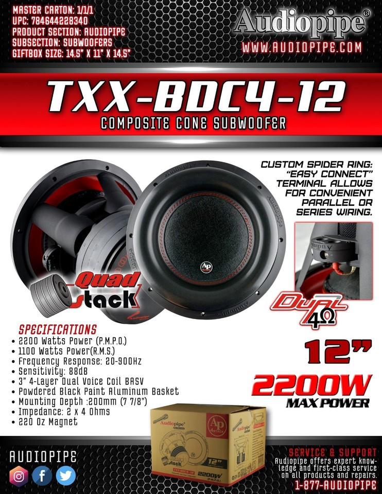 Audiopipe TXX-BDC-IV-12 Quad Stack Composite Cone Subwoofer 12" | eBay