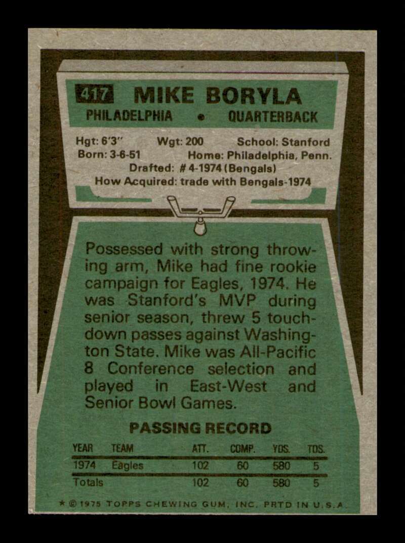 1975 Topps Mike Boryla #417 Rookie RC Philadelphia Eagles | eBay