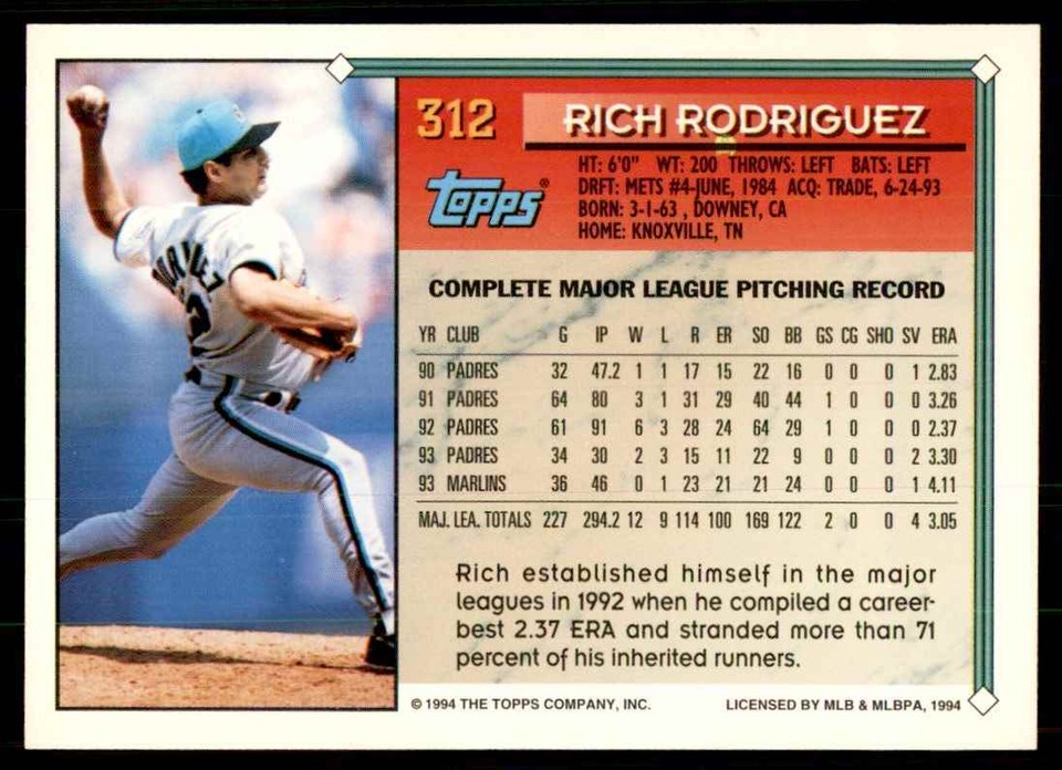 1994 Topps Rich Rodriguez Baseball Cards #312 | eBay