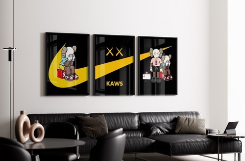 Set of 3 Yellow Nike Kaws Wall Art pieces canvas home decor Portrait ...