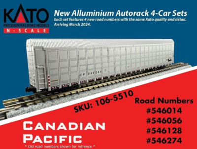 KATO 1065510 N SCALE CANADIAN PACIFIC CP Aluminum Autorack 4 Car Set ...
