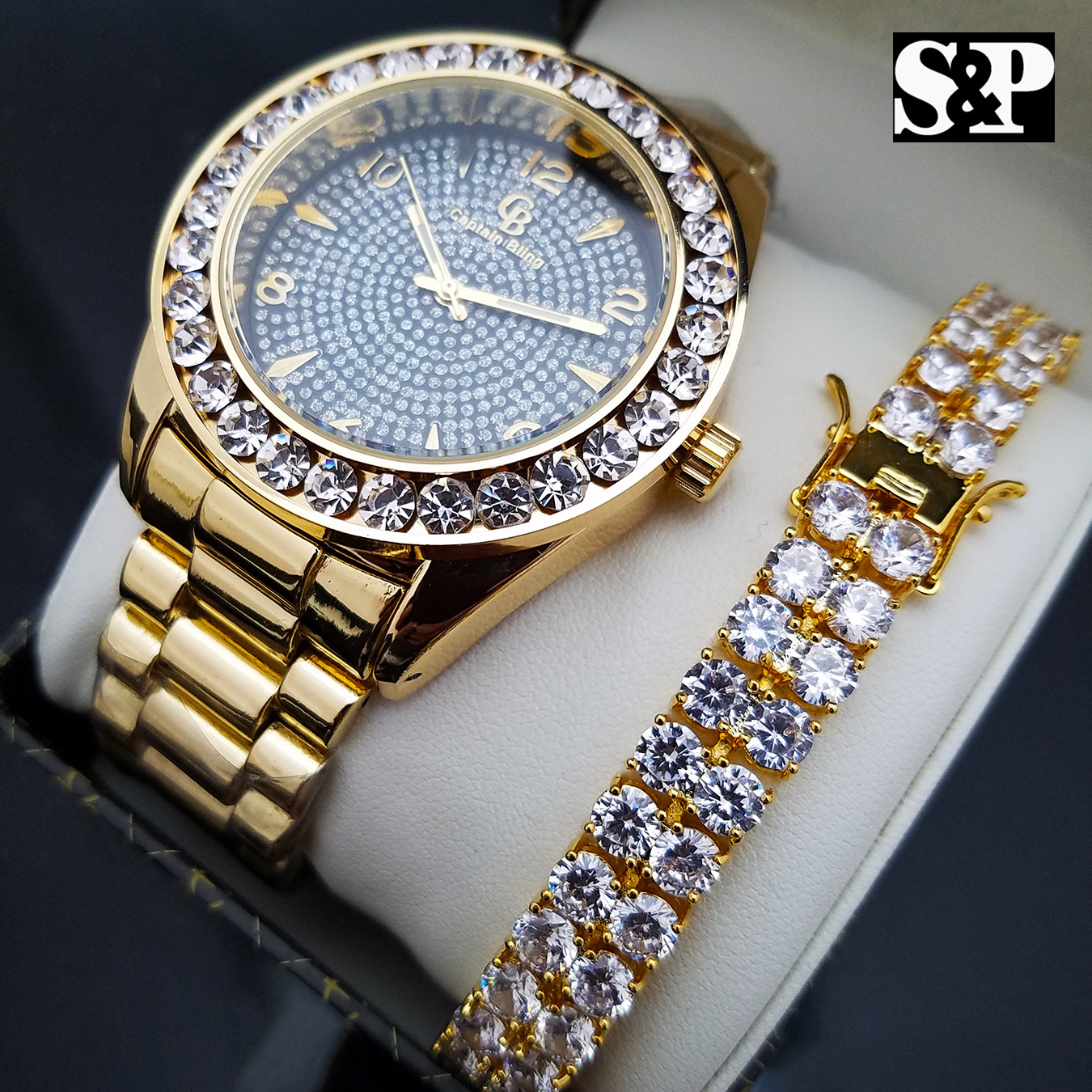 MEN'S HIP HOP CELEBRITY STYLE LUXURY WATCH & 2 ROWS DIAMONDS BRACELET ...