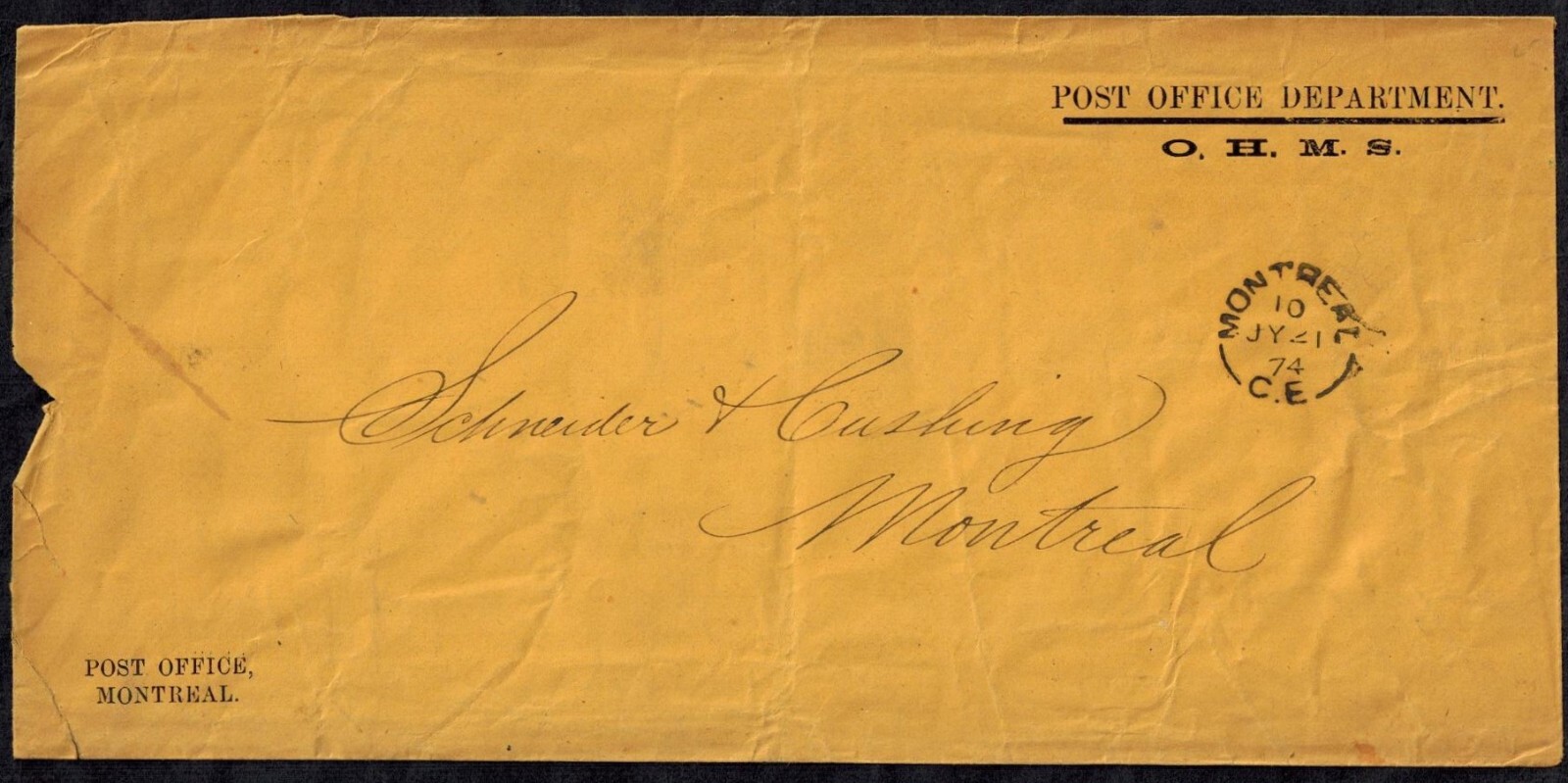 Canada 1874 OHMS Cover to Montreal on POST OFFICE DEPARTMENT RARE EARLY ...