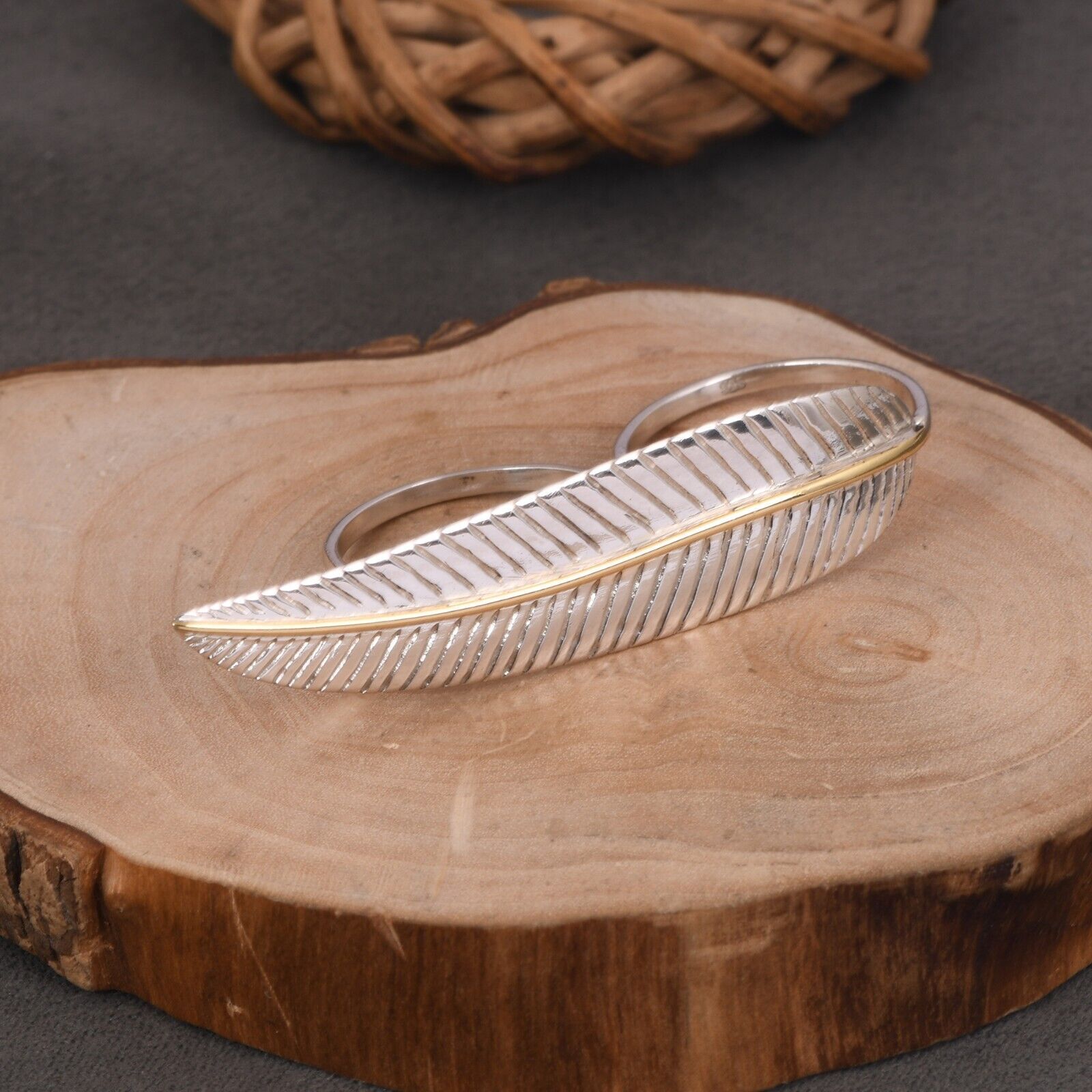 Feather Leaf Design For Girls Women Two Tone Double Finger Rings Nature ...