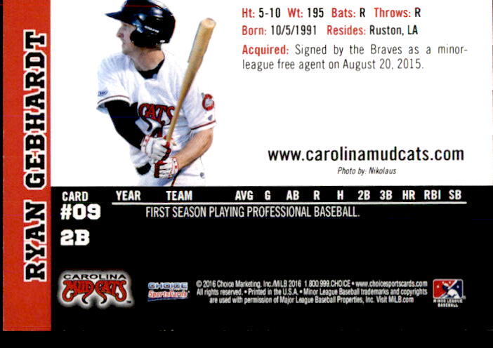 2016 Carolina Mudcats Choice #9 Ryan Gebhardt Ruston Louisiana LA ...