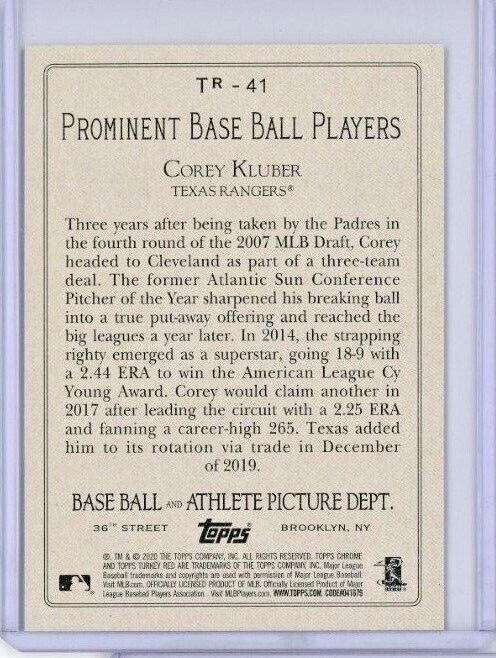 2020 Topps Update Turkey Red #TR-41 Corey Kluber - Texas Rangers - MINT ...
