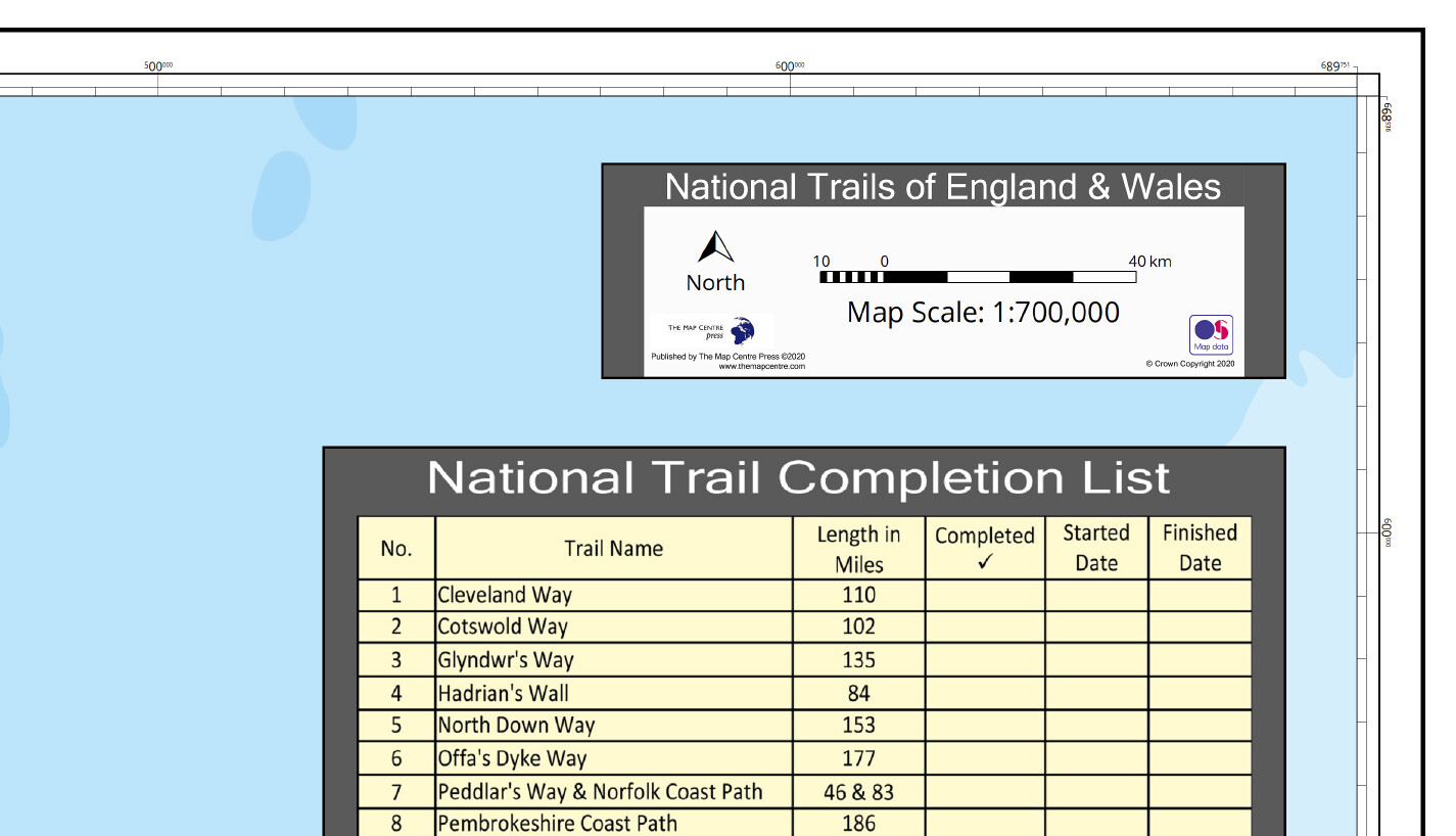 NATIONAL TRAILS OF ENGLAND & WALES WALL MAP 86cm x 100cm National Trail ...