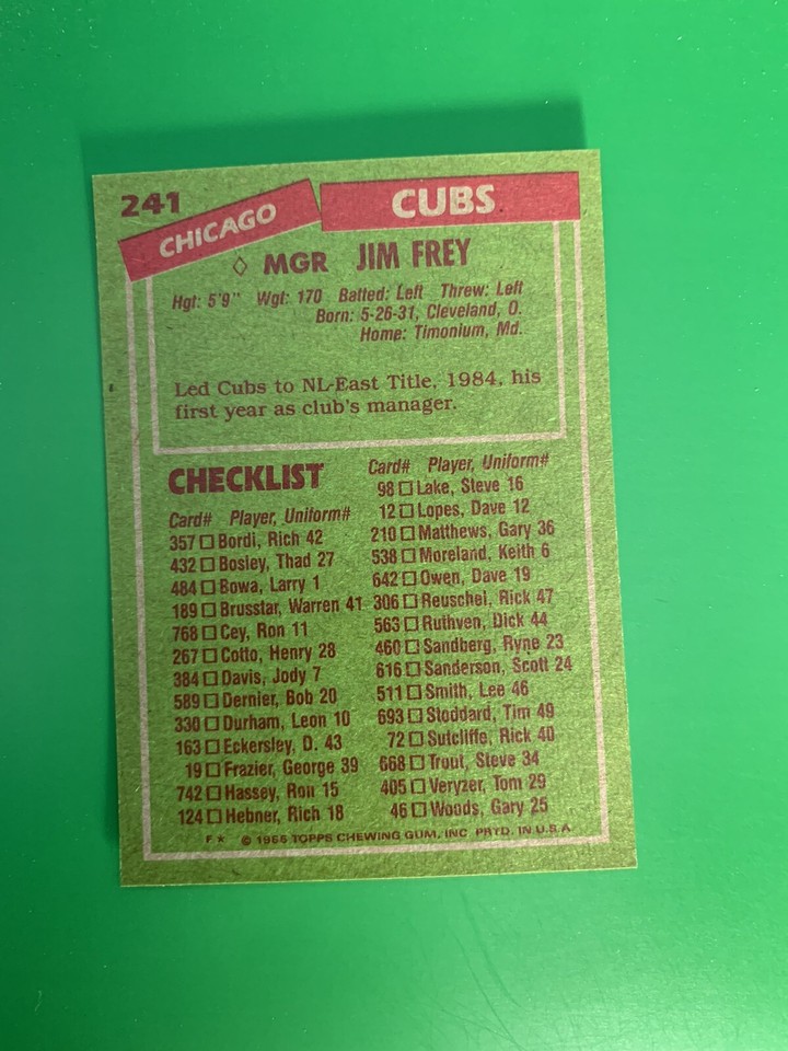 1985 Topps Jim Frey MGR, CL #241 Chicago Cubs | eBay
