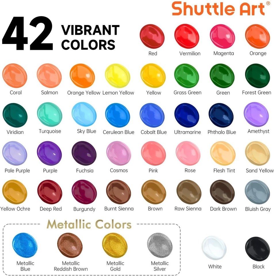 Acrylic Paint, 42 Colors Acrylic Paint Set with 12 Brushes, 2oz/60ml ...