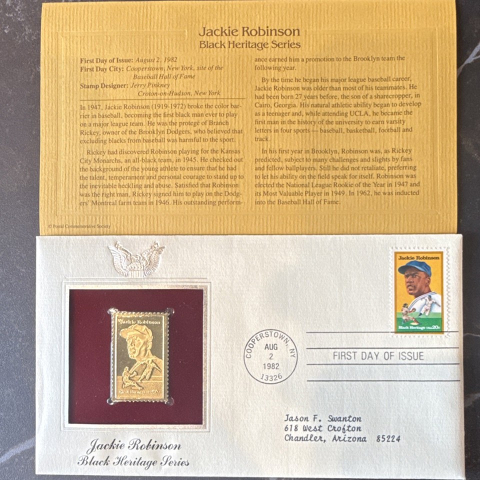 22K Gold Replica Stamp Jackie Robinson 1982 FDC Black Heritage USPS ...