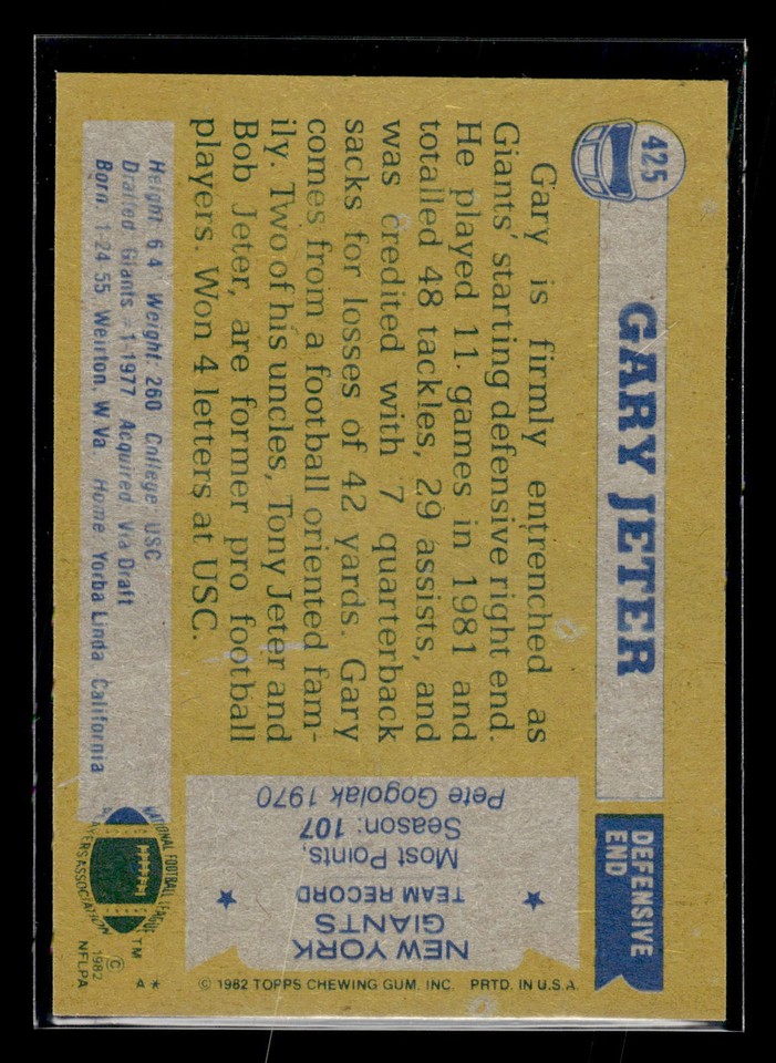 1982 Topps #425 Gary Jeter "Set Break" Mint New York Giants | eBay