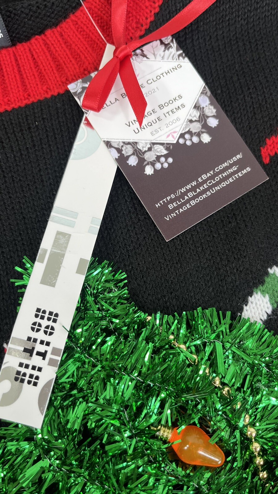 So It Is S Juniors Holiday Party Sweater Clumsy Elf black Tinsel Tree ...