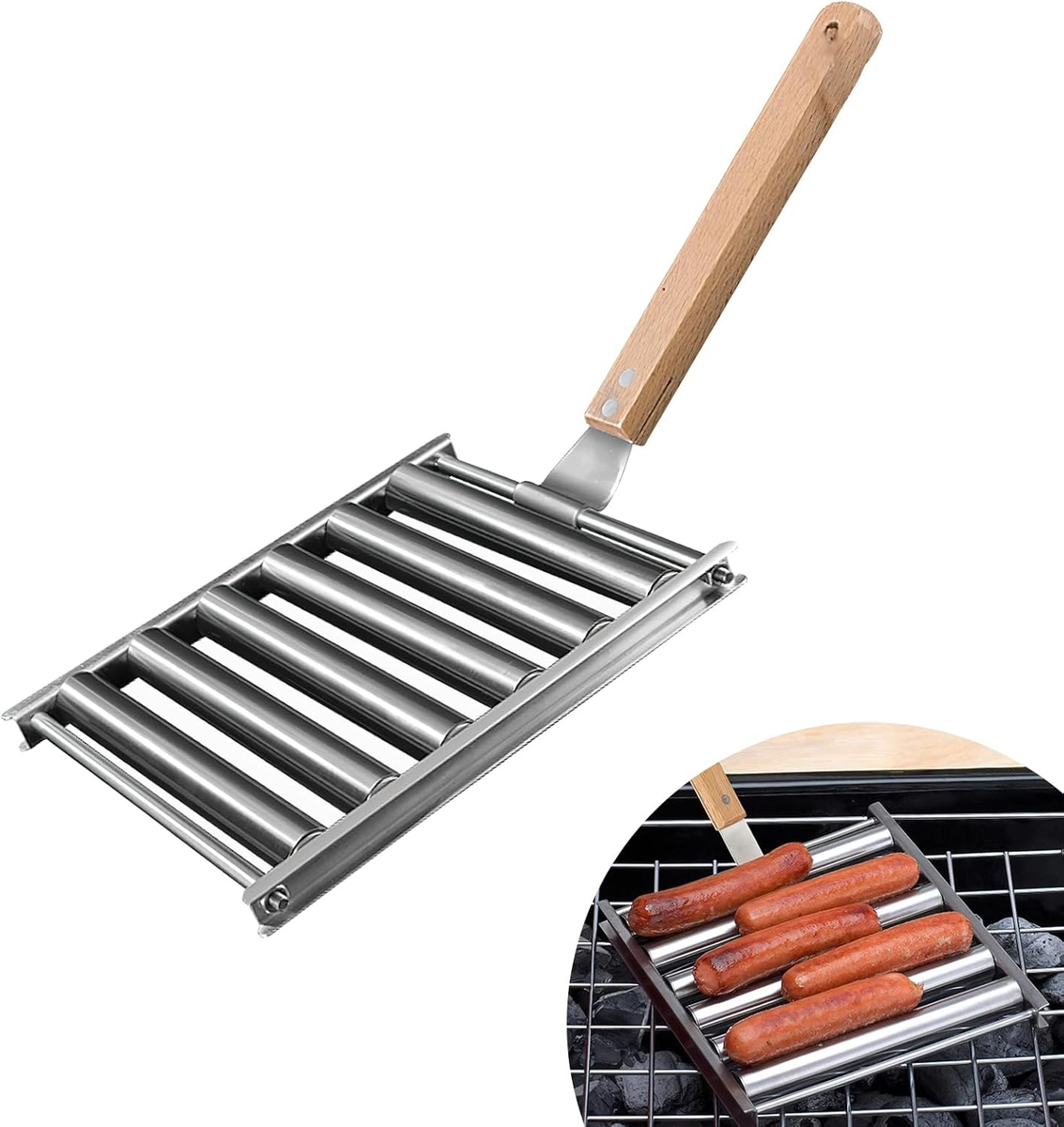 BBQ Accessories Set Stainless Steel Hot Dog Roller Grill Rack + Spatula ...