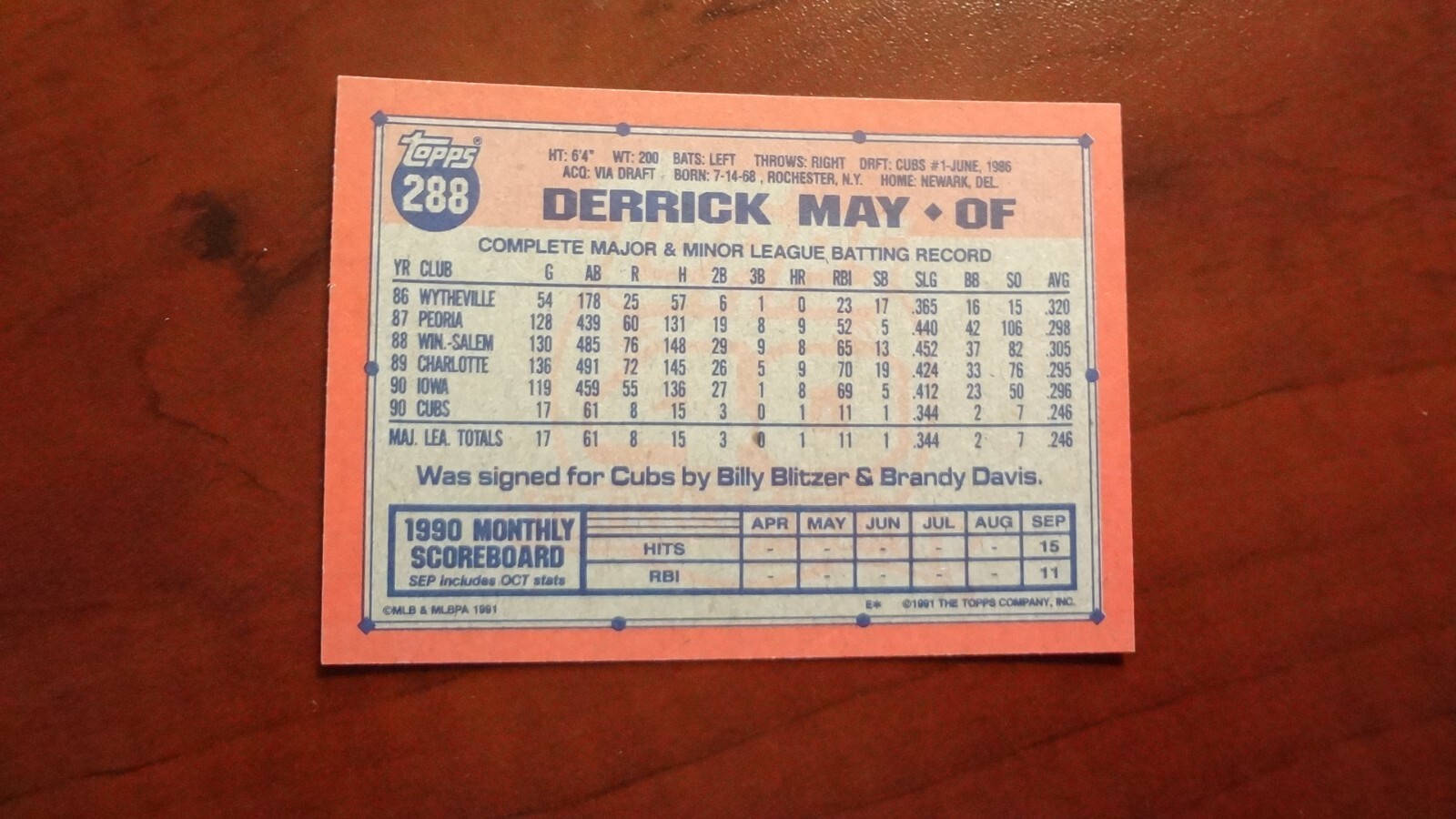 1991 TOPPS # 288 DERRICK MAY BASEBALL CARD | eBay
