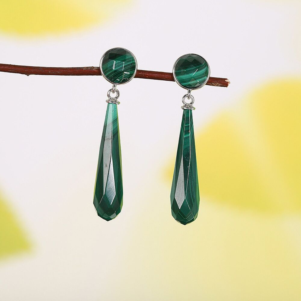Solid 925 Sterling Silver Stud Natural Malachite Long Water Drop Dangle ...