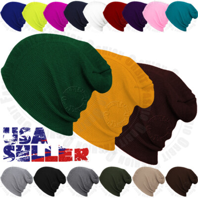 Beanie Cap Plain Knit Ski Skull Hat Cuff Winter Solid Warm Slouchy Men ...