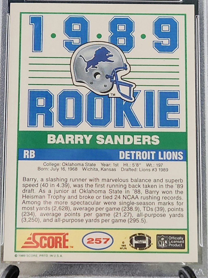1989 Score Barry Sanders Rookie Card RC #257 Near Mint - Mint Lions | eBay