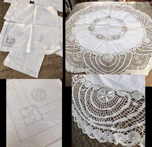 11 Pc LOT ANTIQUE Hand-Made EDWARDIAN NOTTINGHAM LACE Round Tablecloth ...