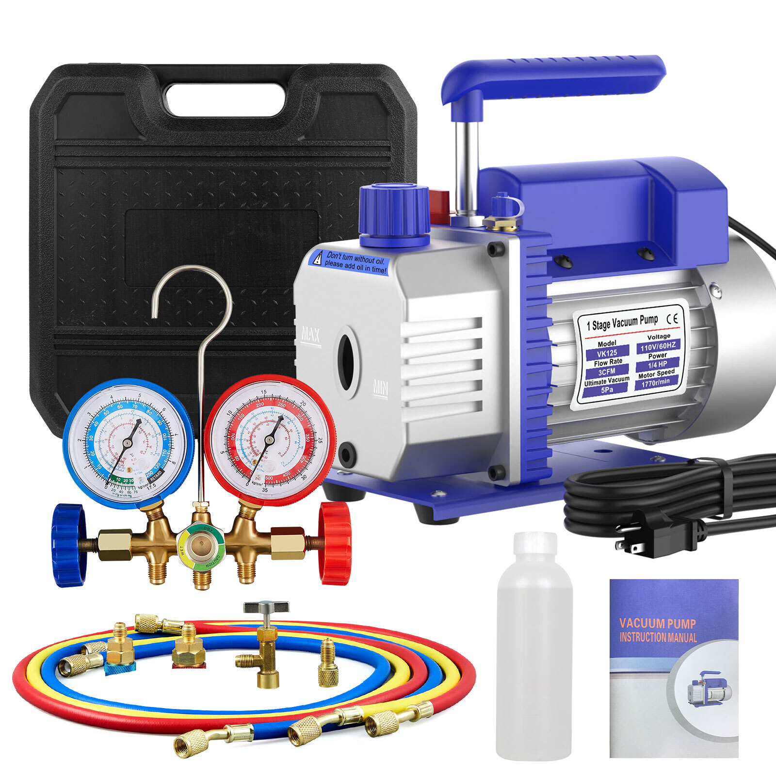 A/C Vacuum Pump Air Conditioning AC Manifold Gauge Kit R134A R22 R502 ...