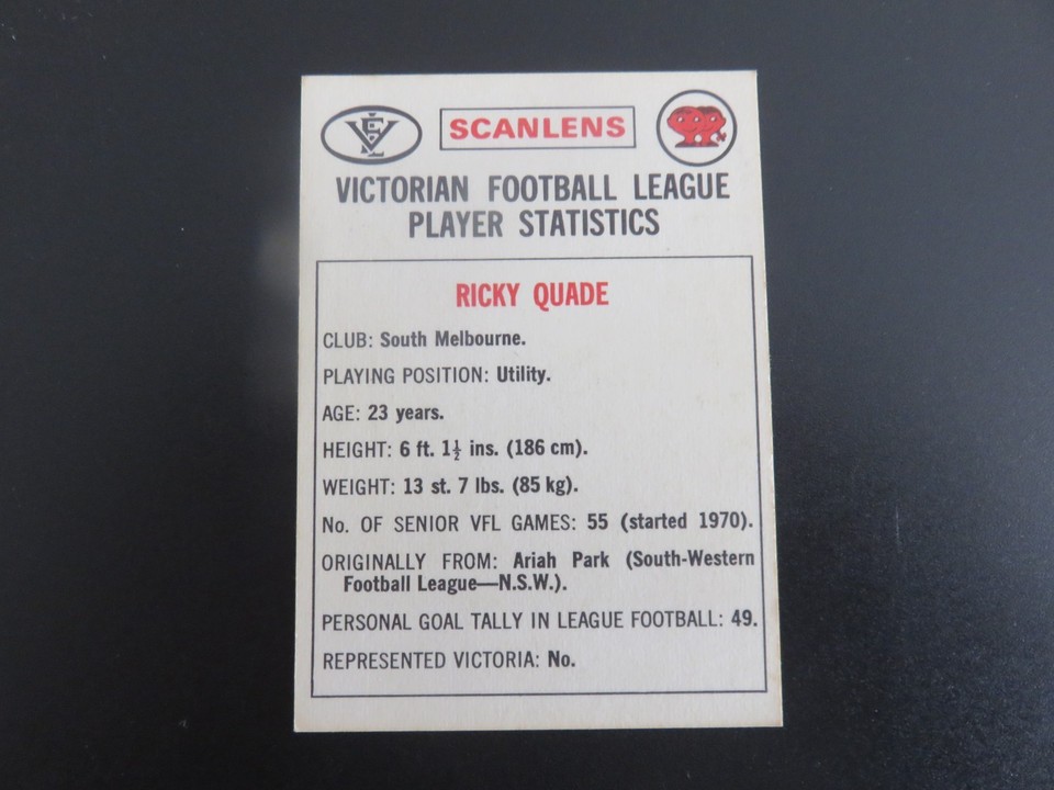 1974 SCANLENS VFL CARD. #91 RICKY QUADE. NEAR MINT. | eBay Australia