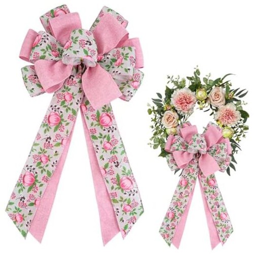 YKW Large Spring Bows for Wreaths, Pink Floral Wreath Bow with Wired ...