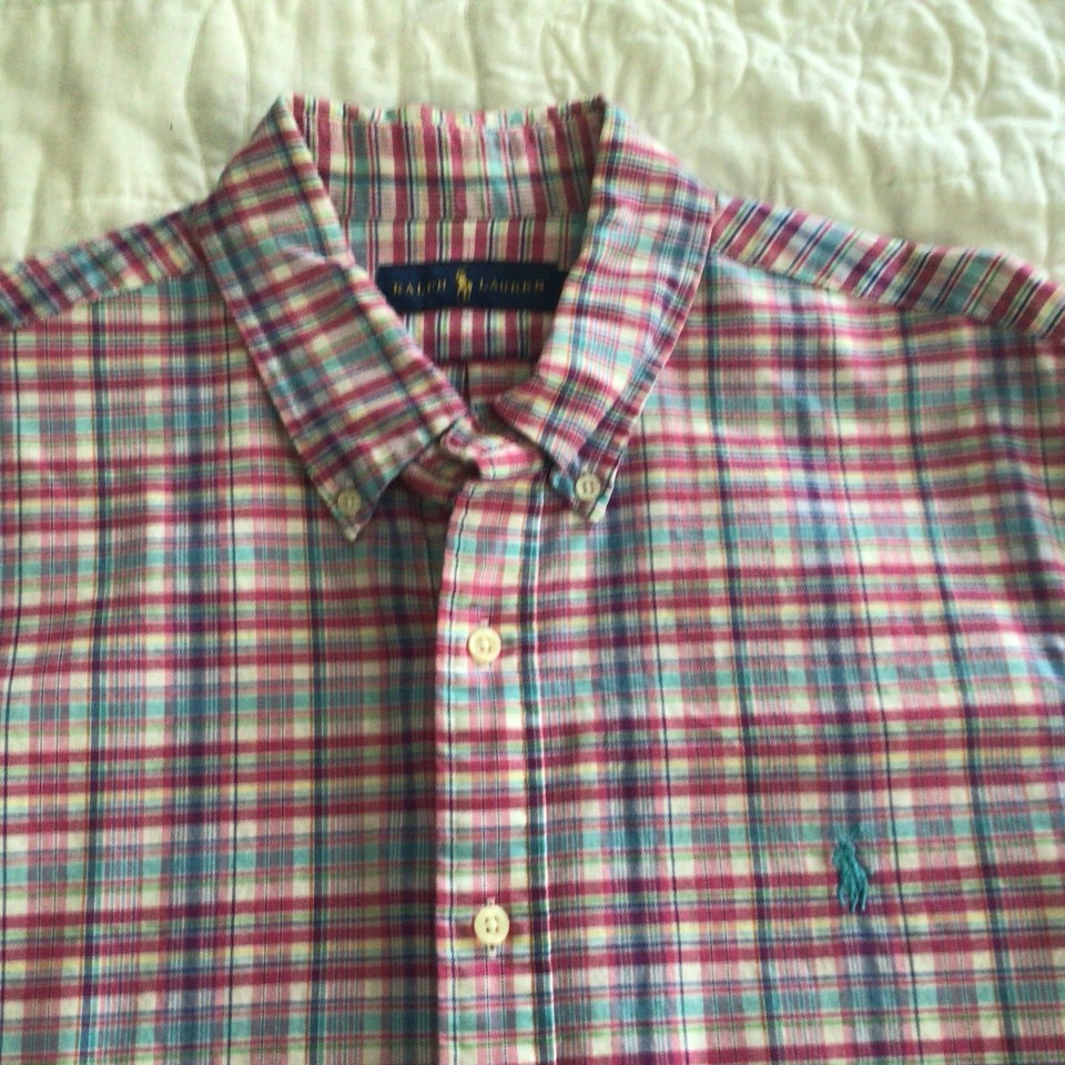 Ralph Lauren Mens Shirt Size Large Button Up Long Sleeve Pink Plaid | eBay