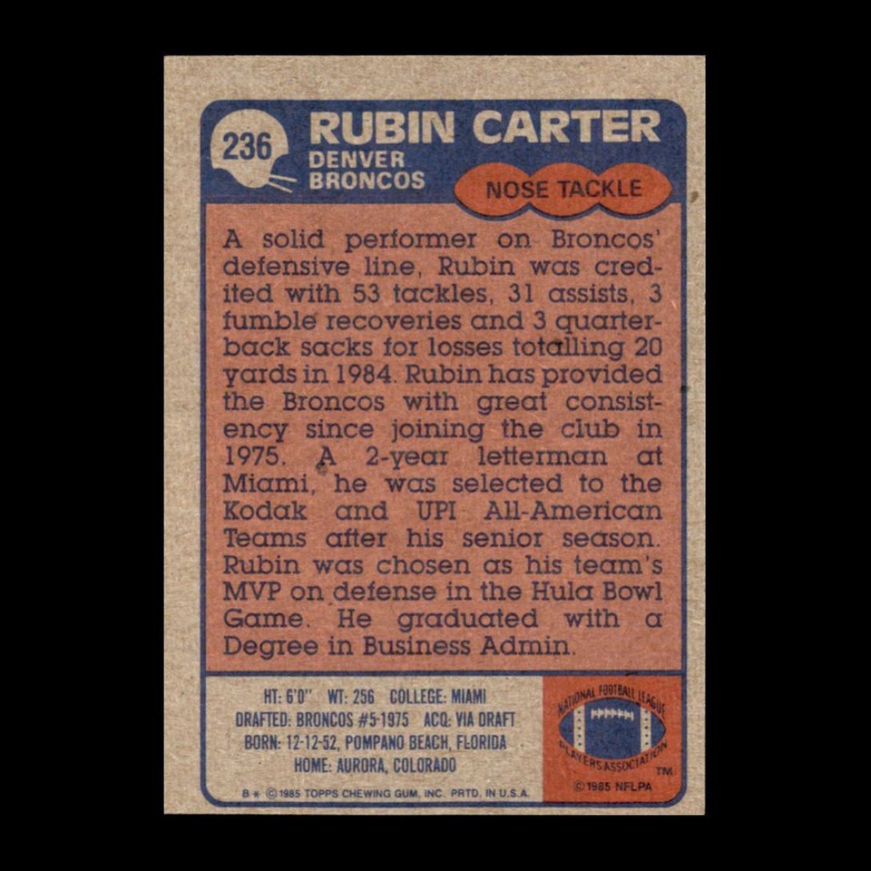 Rubin Carter 1985 Topps Denver Broncos #236 Set Break Nice Vintage! | eBay