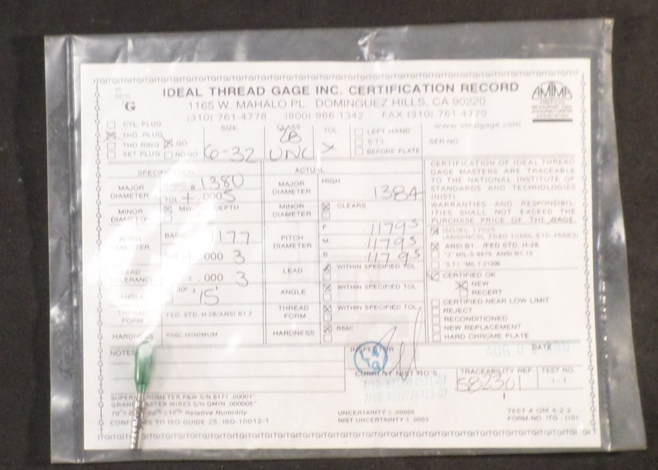 ITG Ideal Thread Gage 6-32 gage New with Certification Record (C13B4 ...