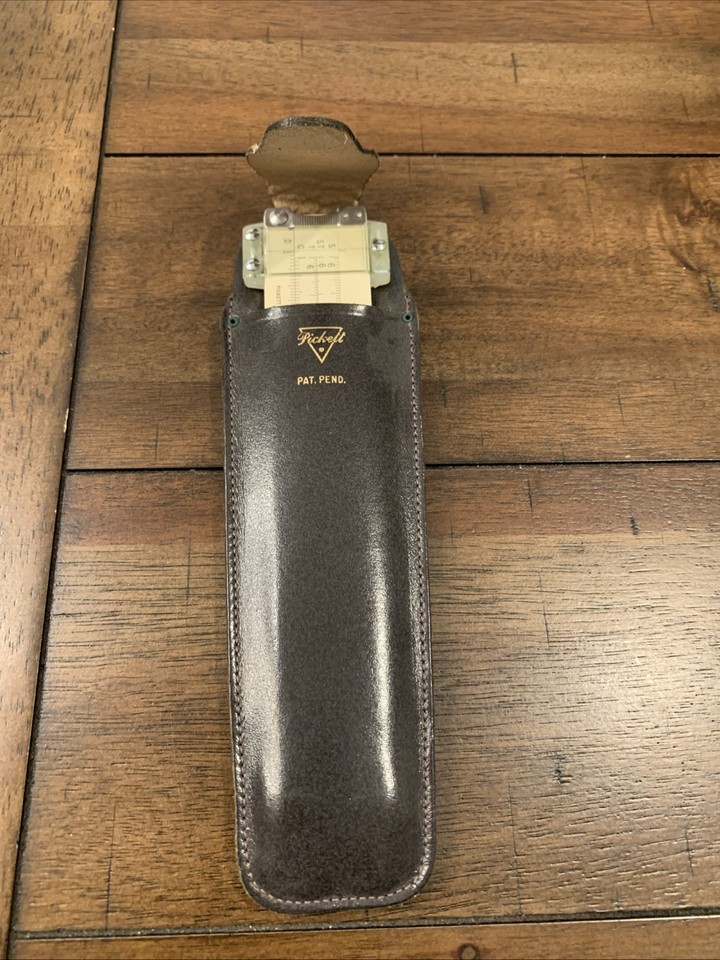 Vintage Pickett model N 200-T Trig metal slide rule, 6" long, w/leather ...