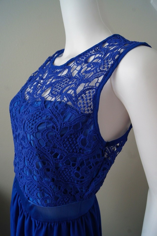 Vicabo Bright Blue Lace Overlay and Chiffon Fit Flare Dress Sleeveless ...