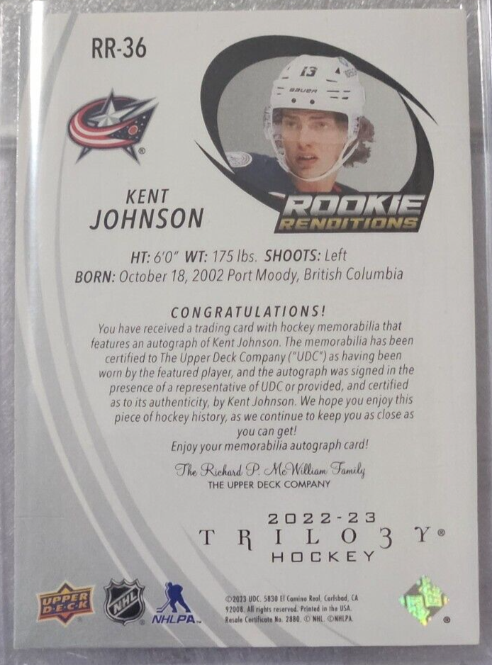 2022-23 Upper Deck Rookie Renditions Kent Johnson #RR-36 (RC) 3 Color ...