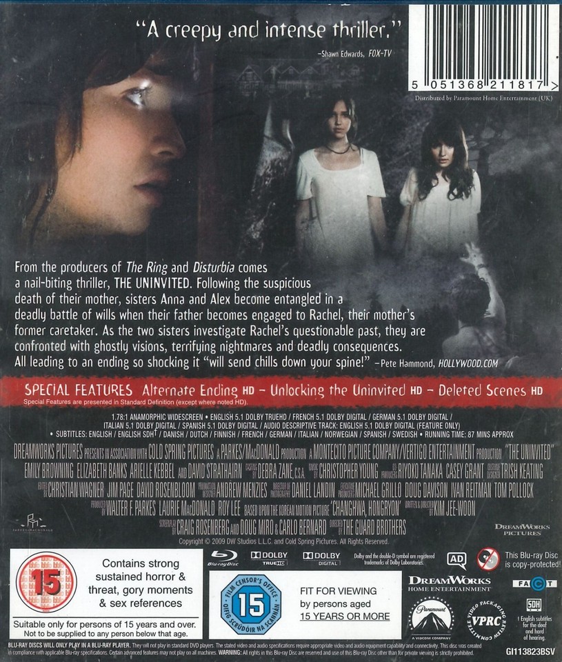 The Uninvited (2009) Blu-ray, Emily Browning, Arielle Kebbel, Elizabeth ...
