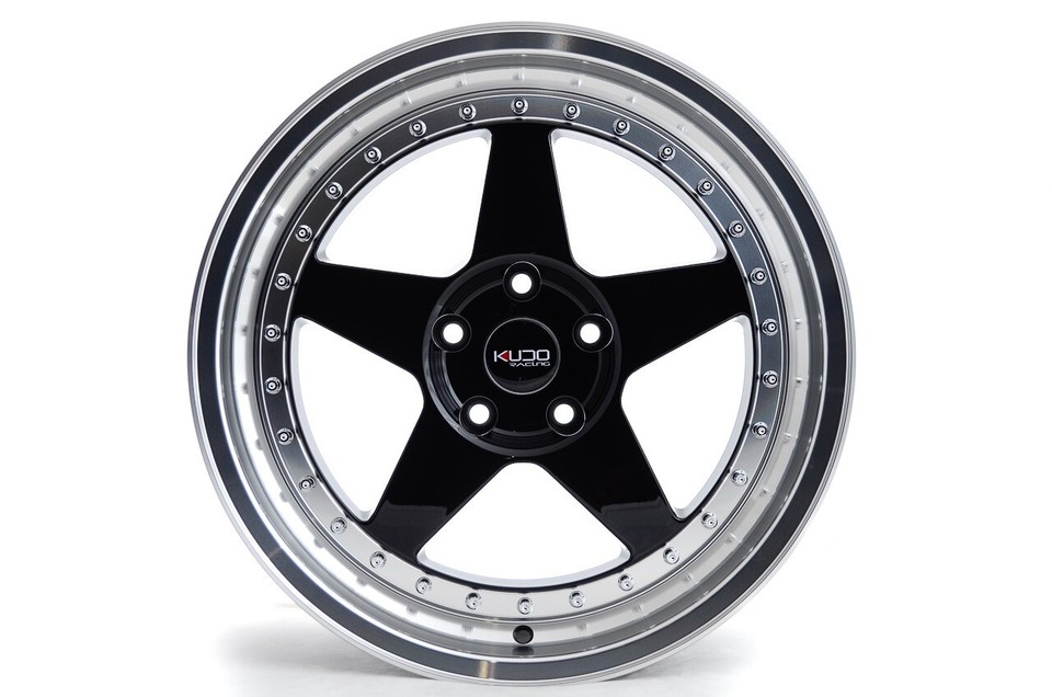 Kudo Racing Wheels Rims 18x8 5x114.3 Black with Polish Lip 20.7 LBS ...