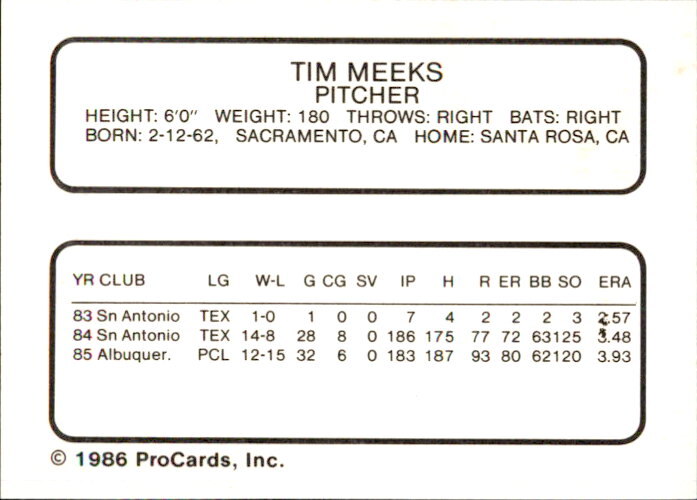 1986 Albuquerque Dukes ProCards 17 Tim Meeks Santa Rosa California ...