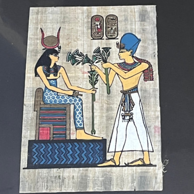 Vintage Authentic Papyrus Painting Osiris Giving Flowers to Isis 10.5x8 ...