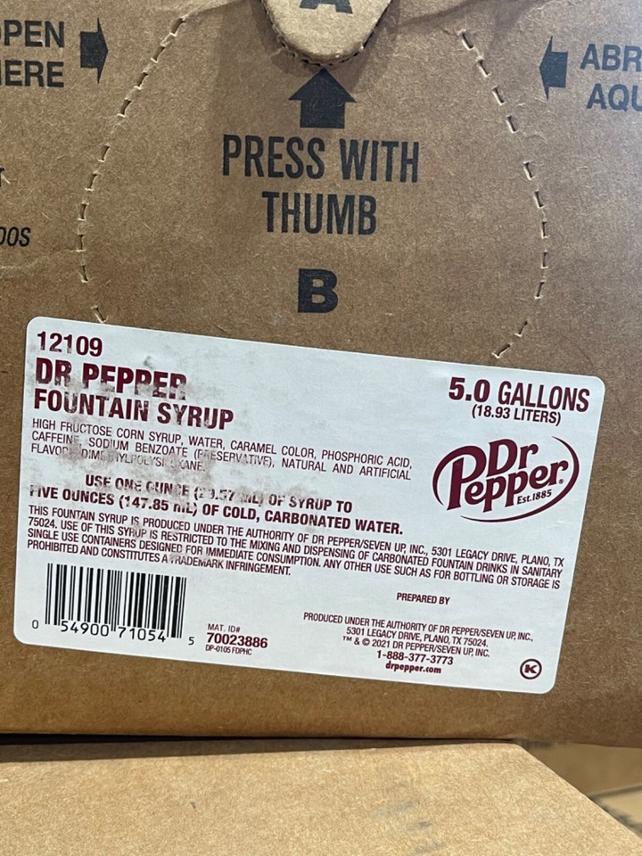 Dr Pepper 5 gal BIB Bag in Box Soda Fountain Syrup Concentrate FRESH ...