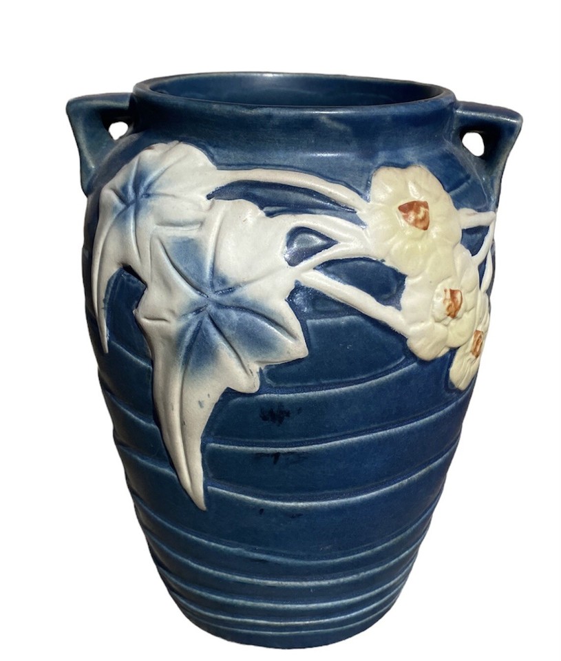 Vintage Gorgeous Roseville Pottery 7” Blue Vase Urn Reproduction/knock ...