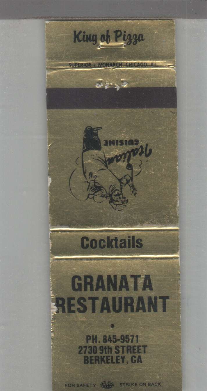 Matchbook Cover - Pizza Place Granata Restaurant King Of Pizza Berkeley ...