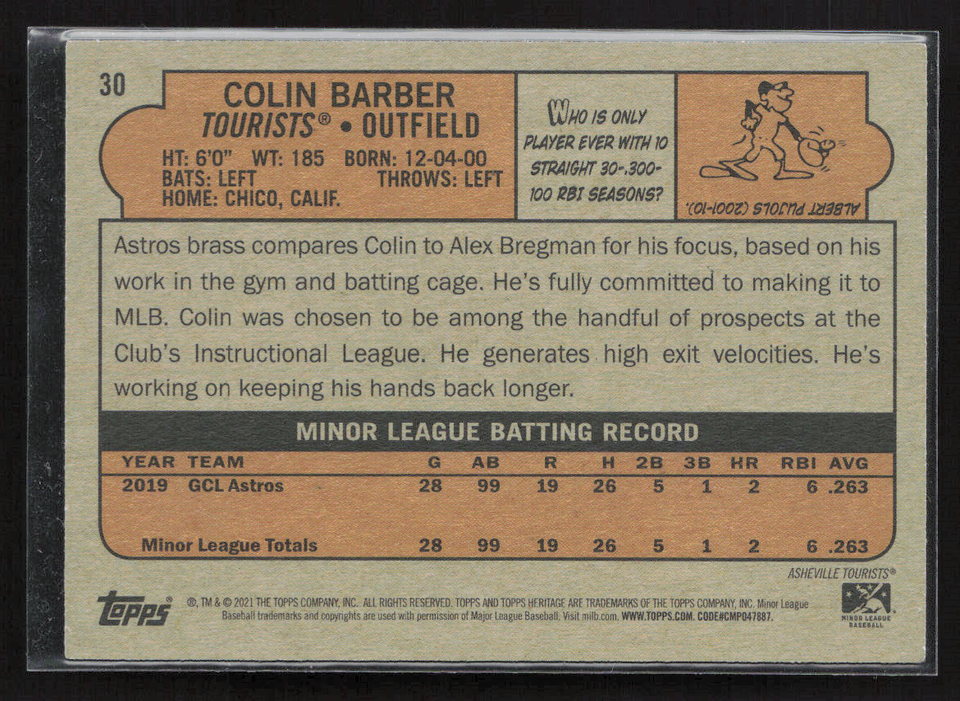Colin Barber Signed 2021 Topps Heritage Minors RC #30 Houston Astros | eBay