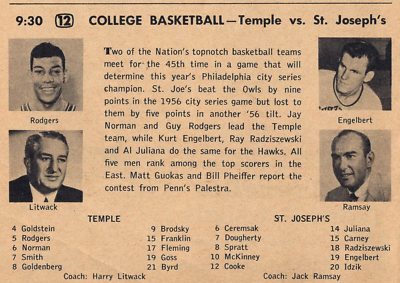 1957 BASKETBALL AD~TEMPLE OWLS GUY RODGERS~ST. JOSEPH'S HAWKS KURT ...