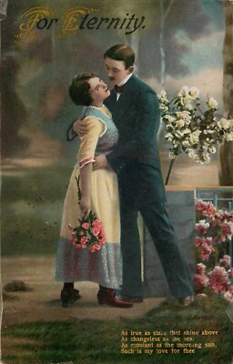 Postcard Romance For Eternity Man Hugging Woman Red Roses Unposted C ...
